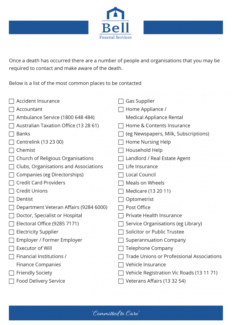 After Funeral Checklist | Bell Funeral Services